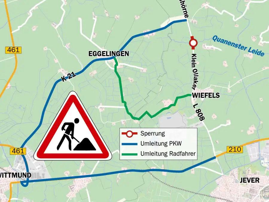 Straßensperrung in Friesland: L808 im Wangerland voll gesperrt – Umleitungen